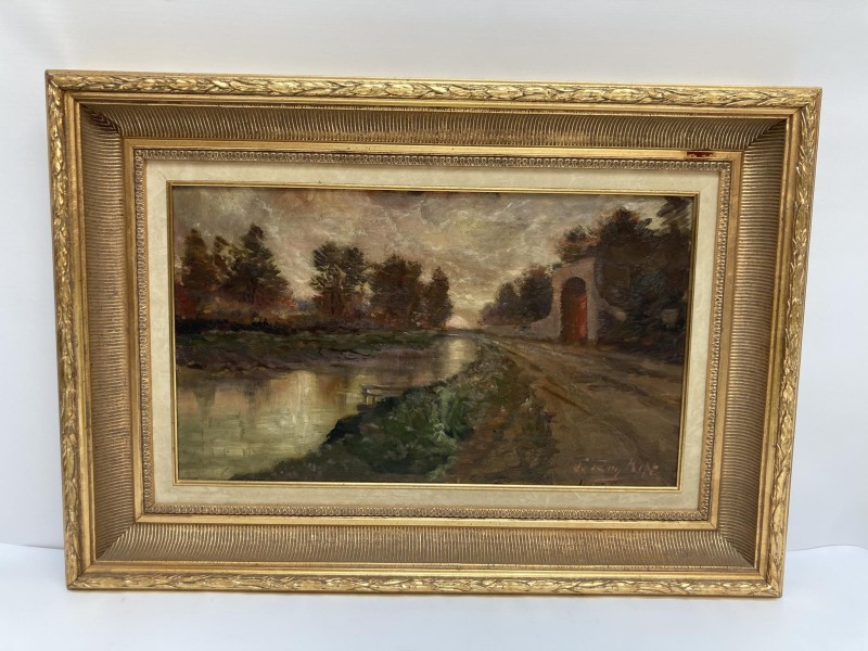 Olieverfschilderij van een rivierlandschap: Hippolyte Le Roy - Kringwinkel