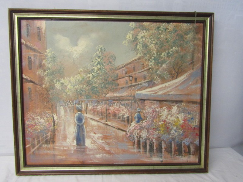 Groot Schilderij op Doek, Parijs Straatzicht, Gehandtekend - Kringwinkel