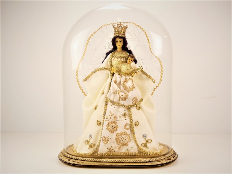 Vintage Madonna Maagd Maria en Kind - Wassen beeld - Kringwinkel