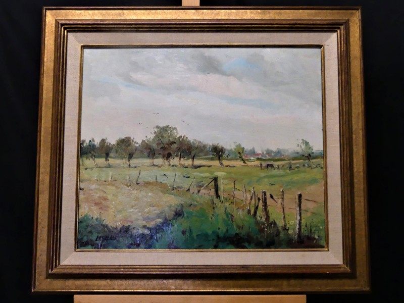 Vintage - Louis Henno – weidelandschap met vogels - Kringwinkel