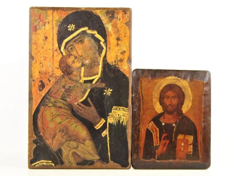 2 Prachtige ikonen - Maria en Jezus + Christus Pantokrator - Kringwinkel