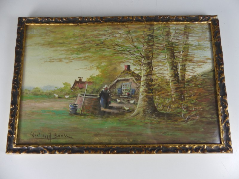 Boerderijlandschap met boerin – gesigneerd - - Kringwinkel