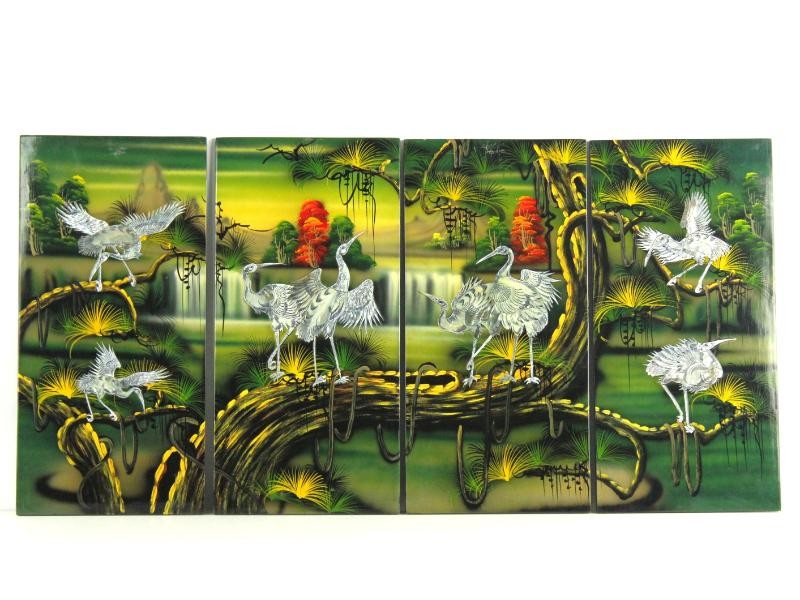 Chinees kunstwerk met kraanvogels 4 luik - Kringwinkel