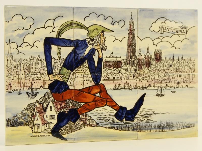 Tegeltableau met Lange Wapper aan de Antwerpse skyline - Kringwinkel