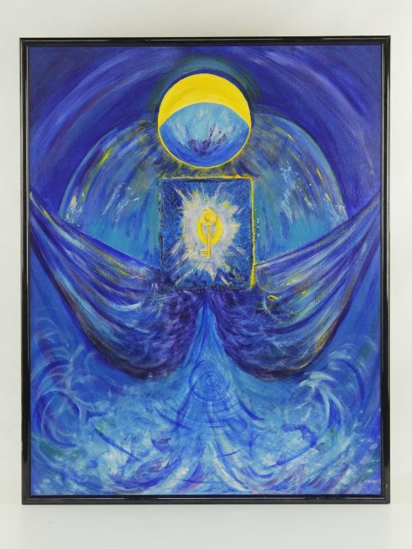 Schilderij met abstract sleutelfiguur in geel en blauwtinten en gedicht ...