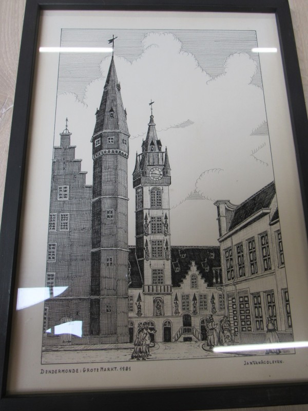 Tekening "Grote Markt Dendermonde" door Jan Van Acoleyen - Kringwinkel